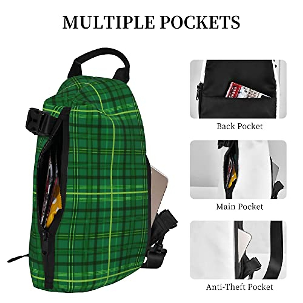 Crossbody Sling Backpack St-Patrick-British-Green-Plaid Travel Hiking Chest Daypack One Strap Shoulder Bag