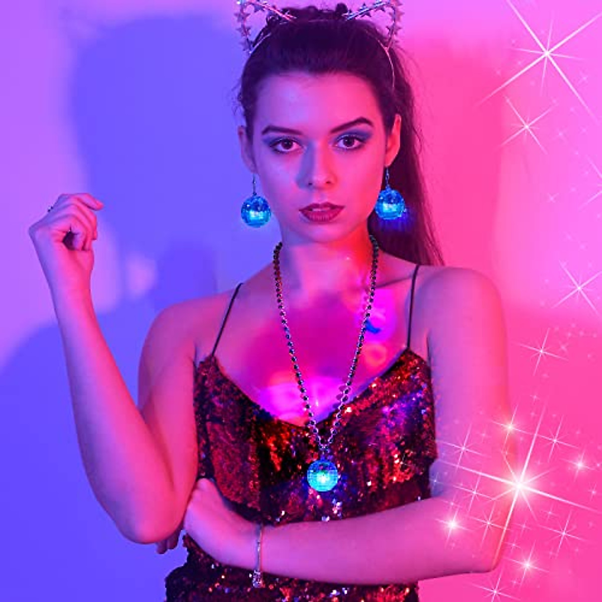 Sasylvia 4 Set LED Disco Party Favors, 2 Pcs Disco Ball Necklaces 70s Disco Party Necklaces 2 Pairs Light up Disco Ball Earrings Disco Ball Accessories for Women Dance Supply Decor