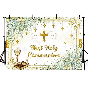 AIBIIN 7x5ft Greenery Baptism Backdrop First Holy Communion Christening Party Decorations Gold Eucalyptus God Bless Mi Bautizo Party Banner Photo Studio Props