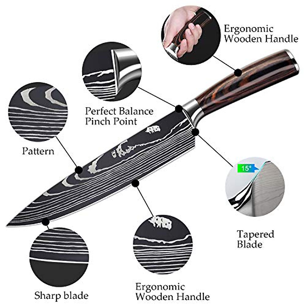 MDHAND Professional Kitchen Chef Knife Set, High-Carbon Stainless Steel Chef Knife Set, Chef Knife, Butcher knife, Bread Knife, 8 Piece Knifes set