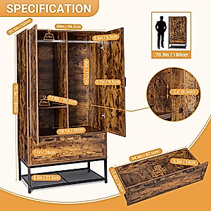 VINGLI Armoire, Wardrobe Closet with Hanging Rod, Bedroom 71" Freestanding Wardrobe Cabinet with Doors, Adjustable Shelves and Drawer, Open Compartment, Rustic Brown