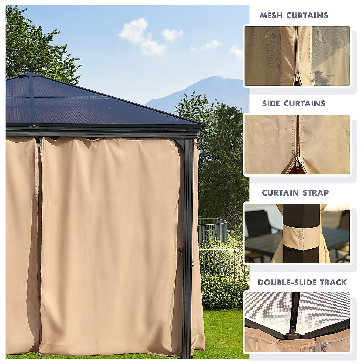 COWVIE 10 x 10 FT Polycarbonate Roof Gazebo, Aluminum Frame Gazebo with Mosquito Netting and Curtains,Suitable for Patio, Backyard, Deck, Lawns