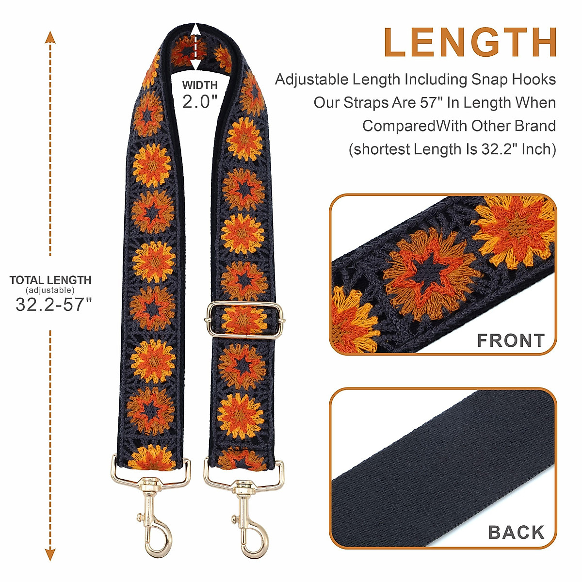 Purse Strap,2" Wide Shoulder Strap Adjustable Replacement,Multi-pattern Crossbody Canvas Bag Handbag Belts for Unisex Handbag,Crossbody Bags,Shoulder Bags(Embroidered sunflower)
