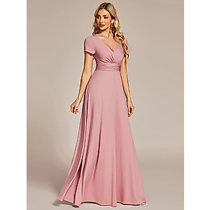 Ever-Pretty Women's Formal Dress Ruched Waist V Neck A Line Bridesmiad Dress with Sleeves Dusty Rose US8