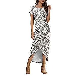 GRECERELLE Women's Short Sleeve Summer Dresses Elastic Waist Slit Casual Long Maxi Dress with Belt FP-Leopard Coffee-Large