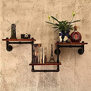 Home Metal Wall Decor, Industrial Rustic Modern Wood Ladder Pipe Wall Mounted Floating Shelves - Bookshelf, DIY Storage Shelving, Hung Bracket, Bookcase, 3-Tiers Rustic Floating Bar Shelves Wine Shelf