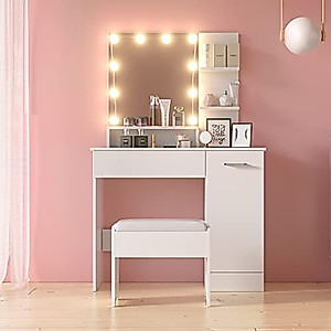 Cozy Castle White Vanity Table with DIY Lighted Mirror, Makeup Vanity Table Set with Drawer and Storage Cabinet, Dressing Table with Vanity Cushioned Stool for Bedroom, Makeup Room