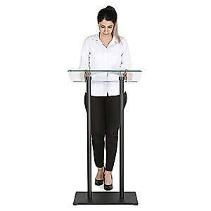 M&T Displays Tempered Clear Glass Podium Black Aluminum Body and Base 43.9 Inch Height Floor Standing Lectern Pulpit Desk