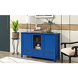 Quarte Modern Storage Cabinet, 44.9'' Console Table w/ 2 Doors, 3 Drawers and Adjustable Shelves, Buffet Sideboard for Kitchen Dining Room Hallway (Blue-02)