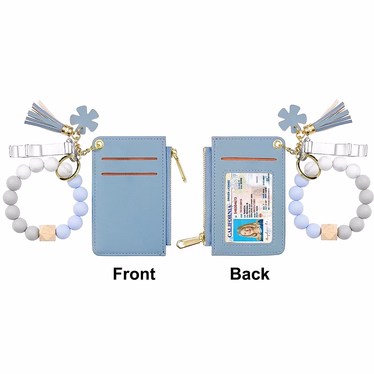 DOMUUH Wristlet Bracelet Keychain Wallet, Pocket Credit Card Holder Purse Tassel Key Chain Bangle Key Ring for Women (Blue)