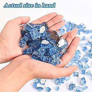 HOKPA Reflective Tempered Fire Glass 1lb, Blue Crushed Glass Fire Pit Glass Fire Gems Chips for Fire Pit Patio Fireplace Decoration Vase Filler