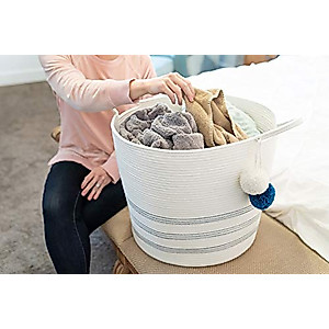 Sweetzer & Orange Extra Large Woven Cotton Rope Storage Basket with Pom-Poms – 16.5”x20.5” - Blanket Storage Baskets, Laundry and Toy Storage, Nursery Hamper - Off White/Navy XXL for Living Room