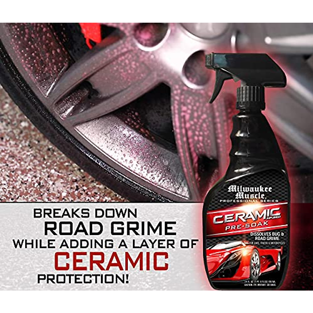 Milwaukee Muscle 24oz wheel rim tire cleaner, brake dust, bug-grime remover with Ceramic, cars auto motorcycle RV boat detailing supplies.