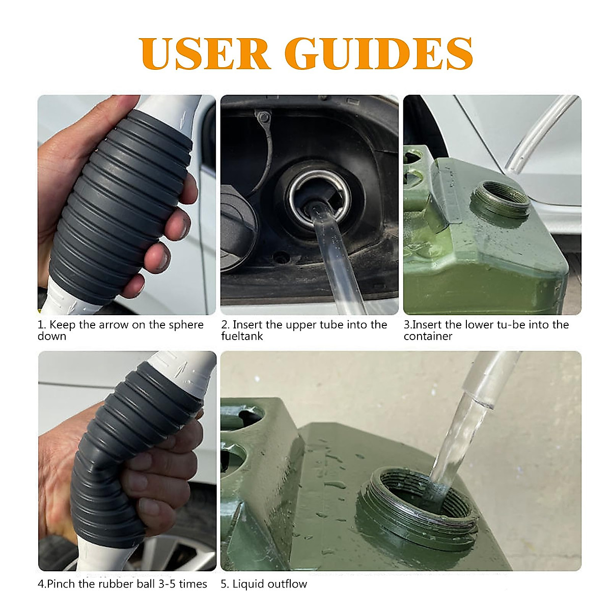 UGSHY 1 PC Car Gasoline Oil Pump, Manual Siphon Large Flow Gasoline Diesel Portable Oil Pump with 6.5Ft/2m Fuel Transfer Pump Tube 1 Air Bag 2 Metal Clamps, Universal for Most Car Accessories (White)