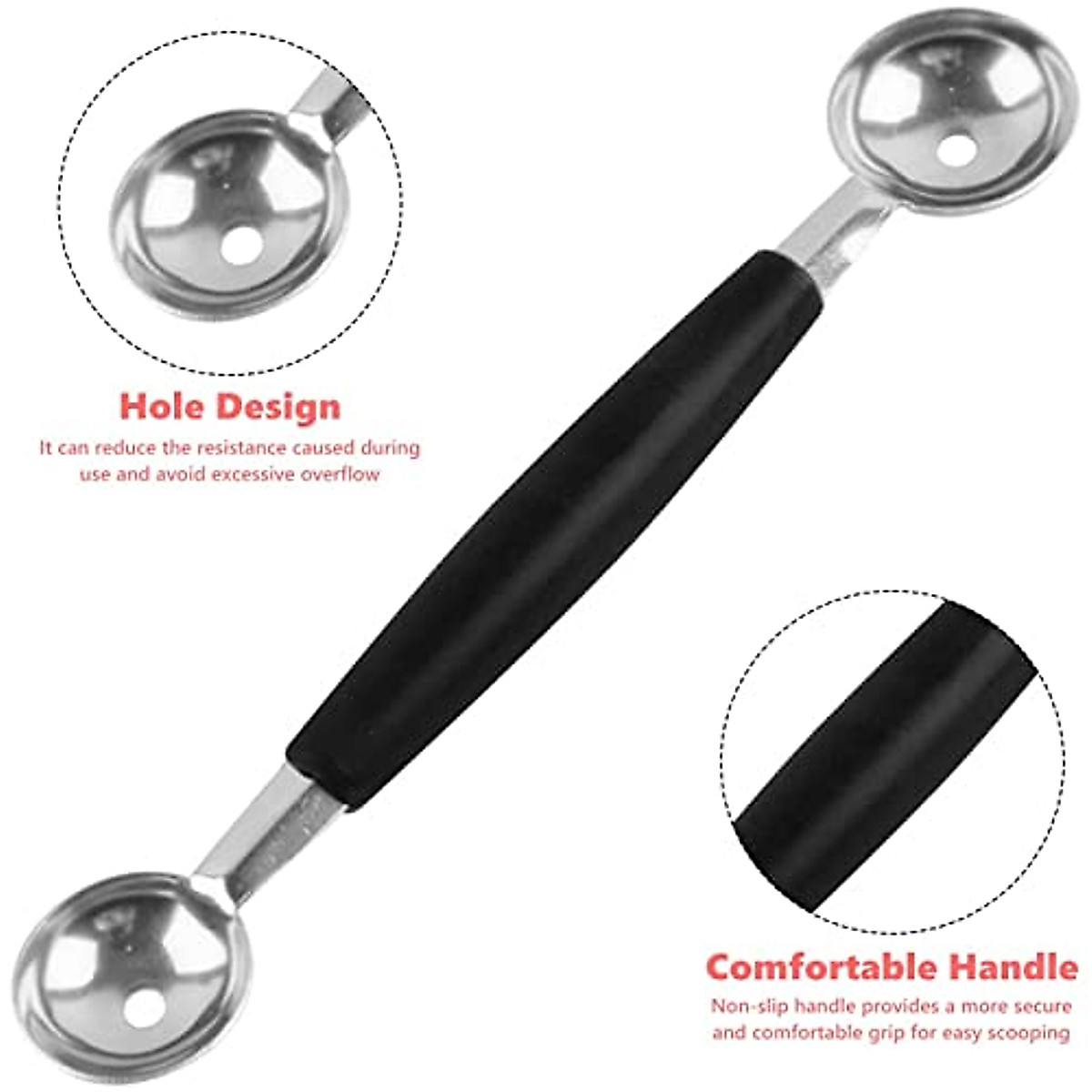 Double-Sided Fruit Melon Baller Spoon, 2 in 1 Stainless Steel Melon Ballers Melon Scoop for Watermelon Cantaloupe Ice Cream,18cm, Black/Silver