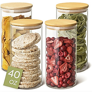 Praknu Glass Food Storage Jars 40oz - Set of 4 Airtight Storage Container with Bamboo Lid - Clear Borosilicate Glass - Dishwasher Safe - Pantry Storage Containers