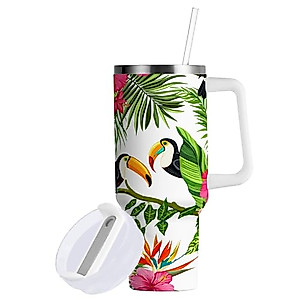 Burbuja Toucans Hibiscus 40oz Insulated Tumblers with Handle and Straw Lid, Double Wall Stainless Steel Travel Mug Leak-Proof, BPA Free, Gift for Mom Dad