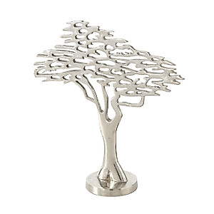Savannah Tree of Life Table Top Metal Figurine, Made by Hand, Silver Aluminium, Atelier Sculpture Studio, Trunk, Abstract Leaf and Branch Details, Circular Base, 11.75 L x 4 W x 13 H inches (33 cm)