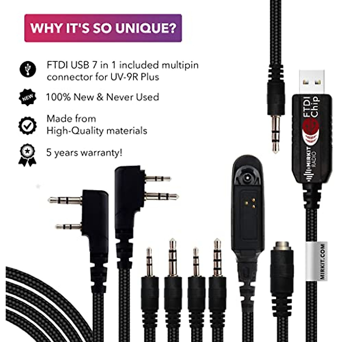 MIRKIT FTDI USB Baofeng Programming Cable 7 in 1 Compatible with Ham Radios: Baofeng UV-5R, UV-82, Baofeng BF888S, UV-9R, Baofeng BF-F8HP, Kenwood, UV-5R MK2/3/4/5, Motorola, Wouxun, Btech