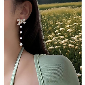 Long Bow Pearl Drop Earrings for Women, Gold Plated Pearl Dangle Earrings, Hypoallergenic Elegant Gold Pearl Tassel Earring, Bow Pearl Stud Earrings, Birthday Gift