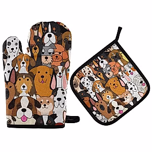 Cute Doodle Dog Print Animal Oven Mitts and Pot Holders Sets Heat Resistant Kitchen Oven Gloves Potholder for Cooking Baking Grill