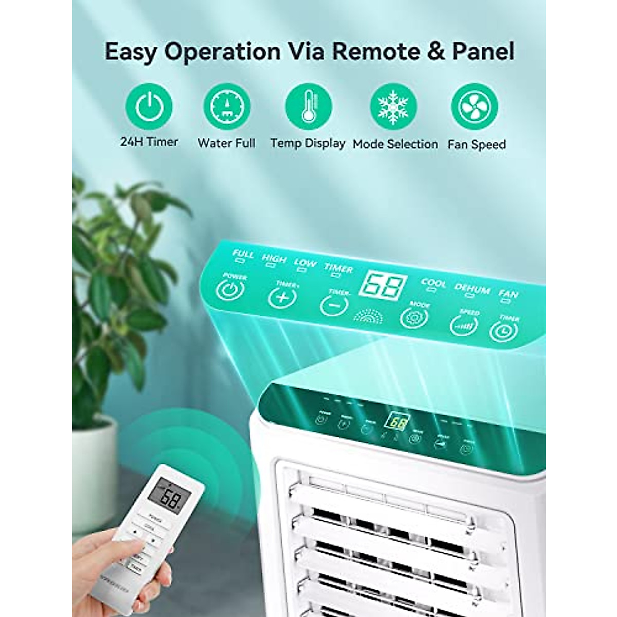 VAGKRI Portable Air Conditioners 8000 BTU 3-in-1 AC Unit with Fan & Dehumidifier, Cools up to 150 sq. ft. with Side Handles & Casters, LED Display Full-Function, Remote Control