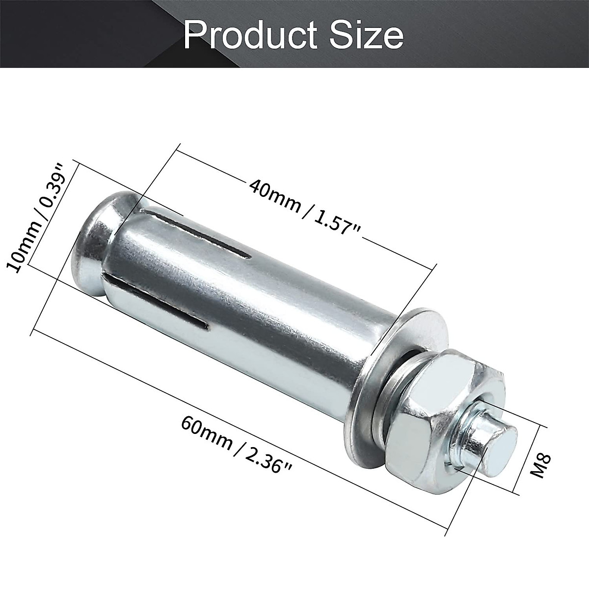 MroMax M8x60mm Zinc Plated Carbon Steel Expansion Bolts Hex Nuts Sleeve Anchor Fastener for Fence Home Installation Air Conditioning 10pcs