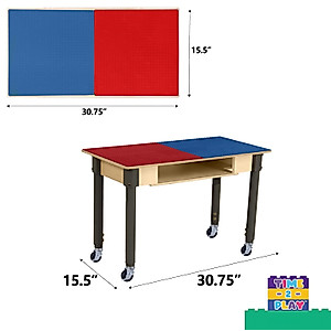 Wood Designs Time-2-Play Montessori Play Table, Reactangular Birch Plywood Red & Blue Lego Compatible Building Blocks Table Built-in Storage with Wheels for Kids [18”-29” Adjustable Legs]