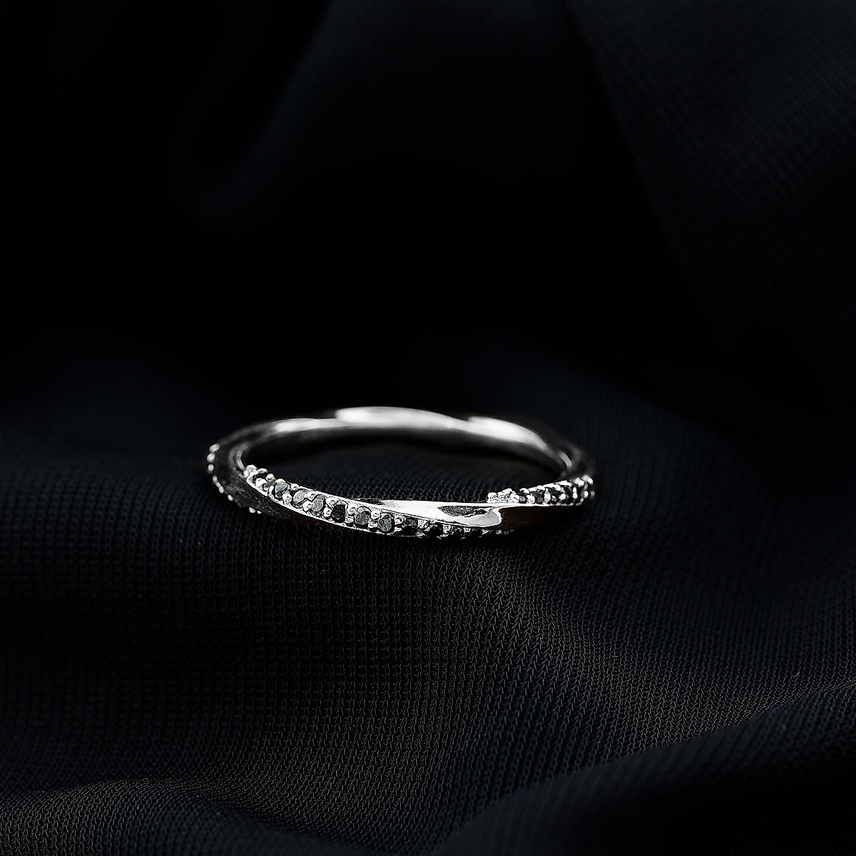 Natural Black Diamond Half Eternity Ring, AAA Quality, Certified Black Diamond Twisted Eternity Ring - Ready to Gift, 14K White Gold, Size:US 5.00