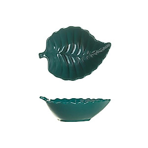 WAIT FLY Creative Leaves Shaped Ceramic Appetizer Plates, Dessert Bowls, Candy Bowls, Salad Bowls, Small Baking Dishes-Set of 2-Green-8 OZ