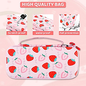 FUNDIARY Cute Strawberry Carrying Case for Nintendo Switch and Switch OLED, Cute Travel Accessories Bag for Switch and Switch OLED, Case with Adjustable Shoulder Strap and 2 Strawberry Thumb Caps