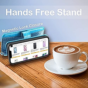 Coolwee Wallet Case Compatible iPhone 13 Pro Max Flip Folio Cover with Card Slots Kickstand Design Wrist Strap Girls Women Glitter PU Leather Compatible with Apple iPhone 13 Pro Max Blue Glitter