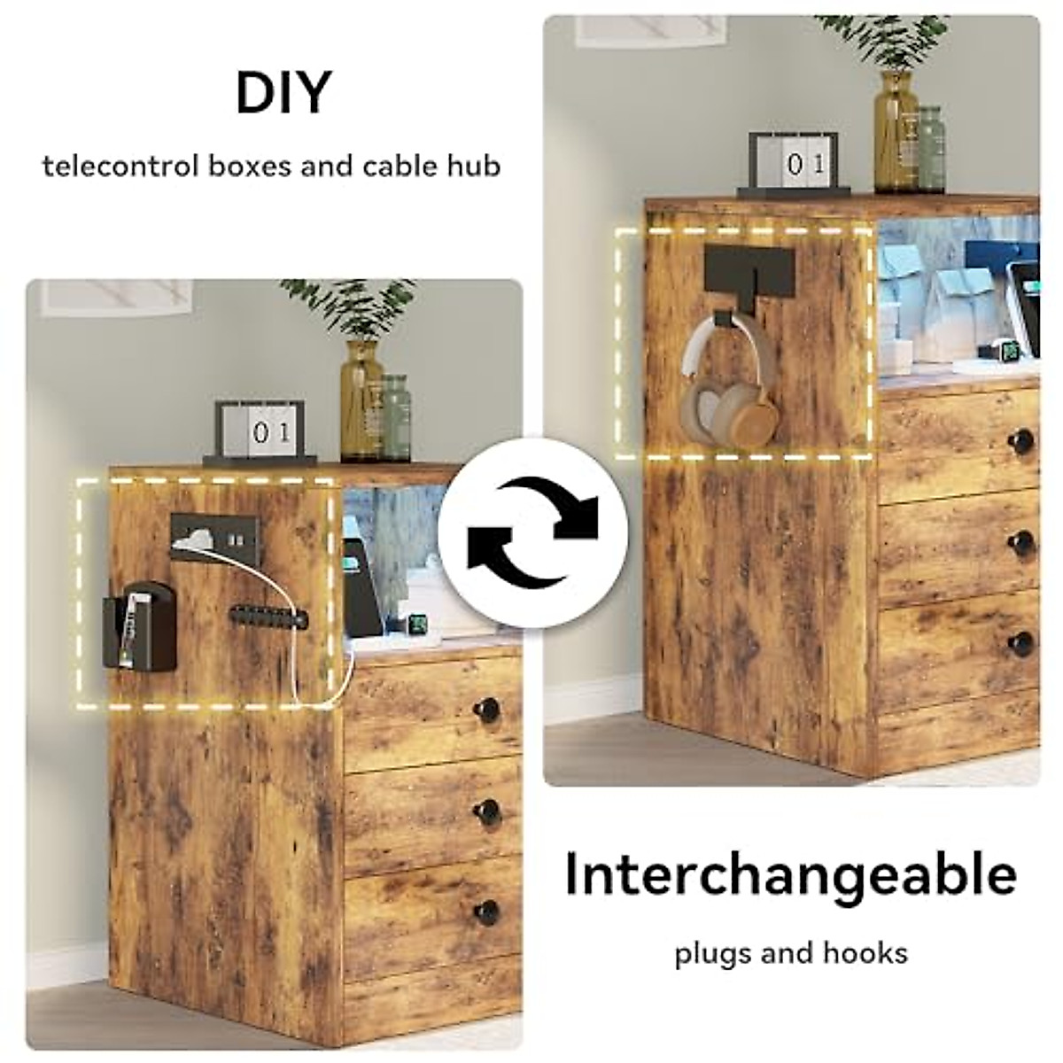 LIKIMIO Nightstand with Charging Station and 3 Drawers, LED Lights End Side Table with interchangeable sockets and Hooks, Vintage Brown