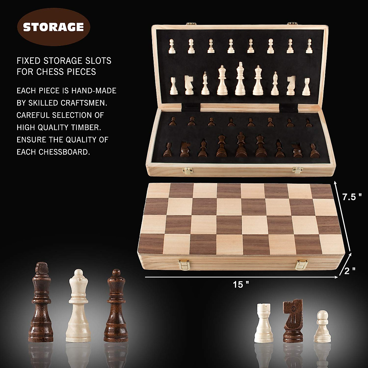 Amerous 15" x 15" Magnetic Wooden Chess Set, Folding Travel Chess Board with 2 Extra Queens / Pieces Storage Slots / Carry Bag , Handmade Large Wooden Board Game for Kids and Adults