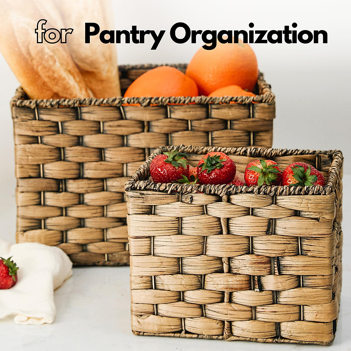 Decocoon Wicker Baskets 3 Pack, Rectangular Basket, Rattan Storage Basket, Wicker Basket with Handle, Wicker Storage Basket, Pantry Baskets Storage, Woven Baskets for Storage, Seagrass Storage Baskets