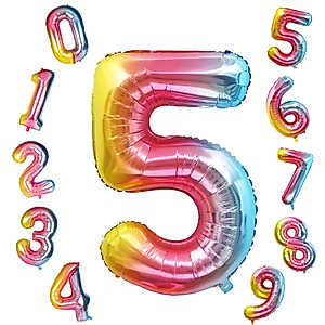 RUBFAC Number Balloons 40 Inch Large Rainbow Gradient Number 5 Balloon, 0-9 Huge Colorful Digit Foil Mylar Helium Balloons for Happy 5th 15th 25th 35th Birthday Decorations Baby Shower Party Supplies