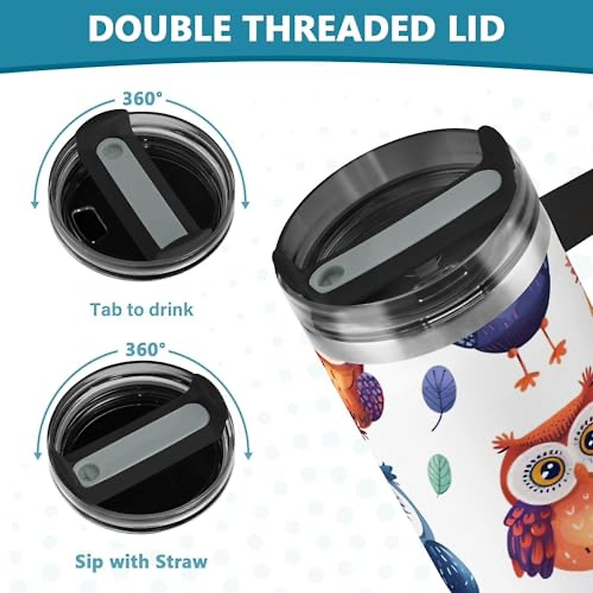 FRCSDIY Cartoon Owl Insulated Tumbler with Handle and Straw Lid,30oz Leakproof Stainless Steel Cup BPA-Free Water Bottle