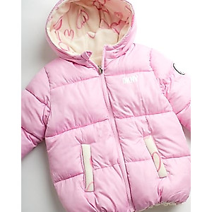DKNY Baby Girls Winter Jacket – Reversible Puffer Jacket with Fleece Lining – Reversible Coat for Infants/Toddlers (12M-4T), Size 4T, Medium Pink/Pink Cream Hearts