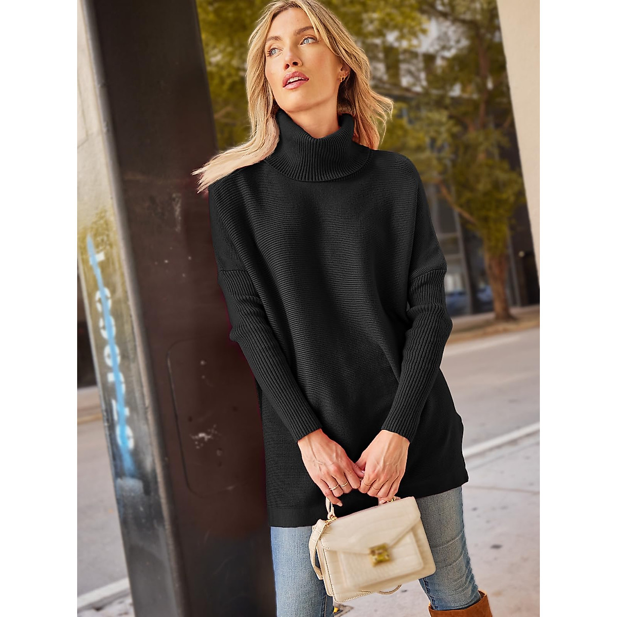LILLUSORY Sweaters for Women Turtleneck Oversized Cashmere 2024 Pullover Long Mock Batwing Tunic Trendy Clearance Clothes Black