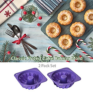 Bakerpan Silicone Small Fluted Cake Pan, 4 3/4 Inch Mini Tube Cake Baking Mold, Fancy Fluted Dessert Mold, Tube Cake Mold for Baking - Set of 2