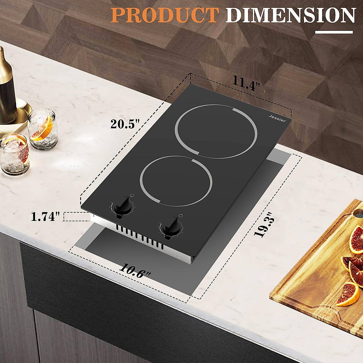Jessier 2 Burner Electric Cooktop - 12 Inch Plug in Portable 110V Electric Cook Top, Built-in & Countertop Ceramic Stove Top with Knob Control, 9 Power Levels and Overheat Protection