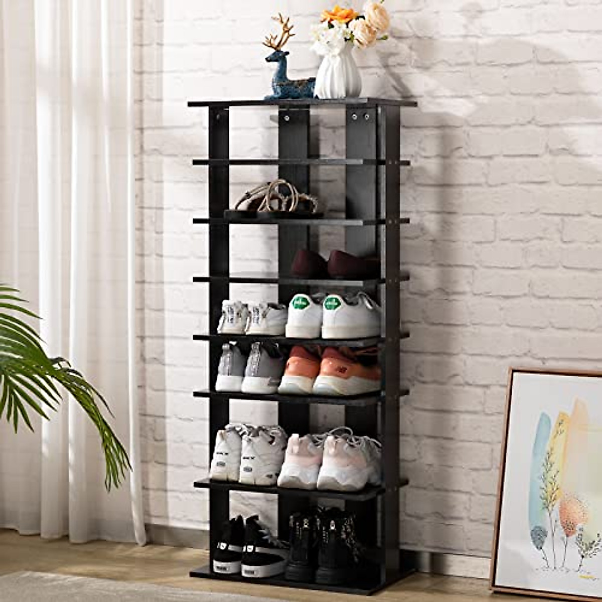 ALIMORDEN 8-Tier Wood Shoe Rack,Double Rows 7-Tier Shoe Shelf Shoe Storage Stand Entryway Shoe Tower Vertical Perfect for Narrow Closet Hallway Bedroom in Black