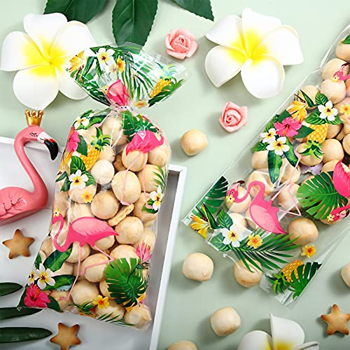 Geyee 100 Pieces Flamingo Cellophane Treat Bags Hawaiian Themed Candy Bags Tropical Pink Flamingos Palm Tree Pineapple Goodie Bags with 100 Pieces Silver Twist Ties for Teens Birthday Party Supplies