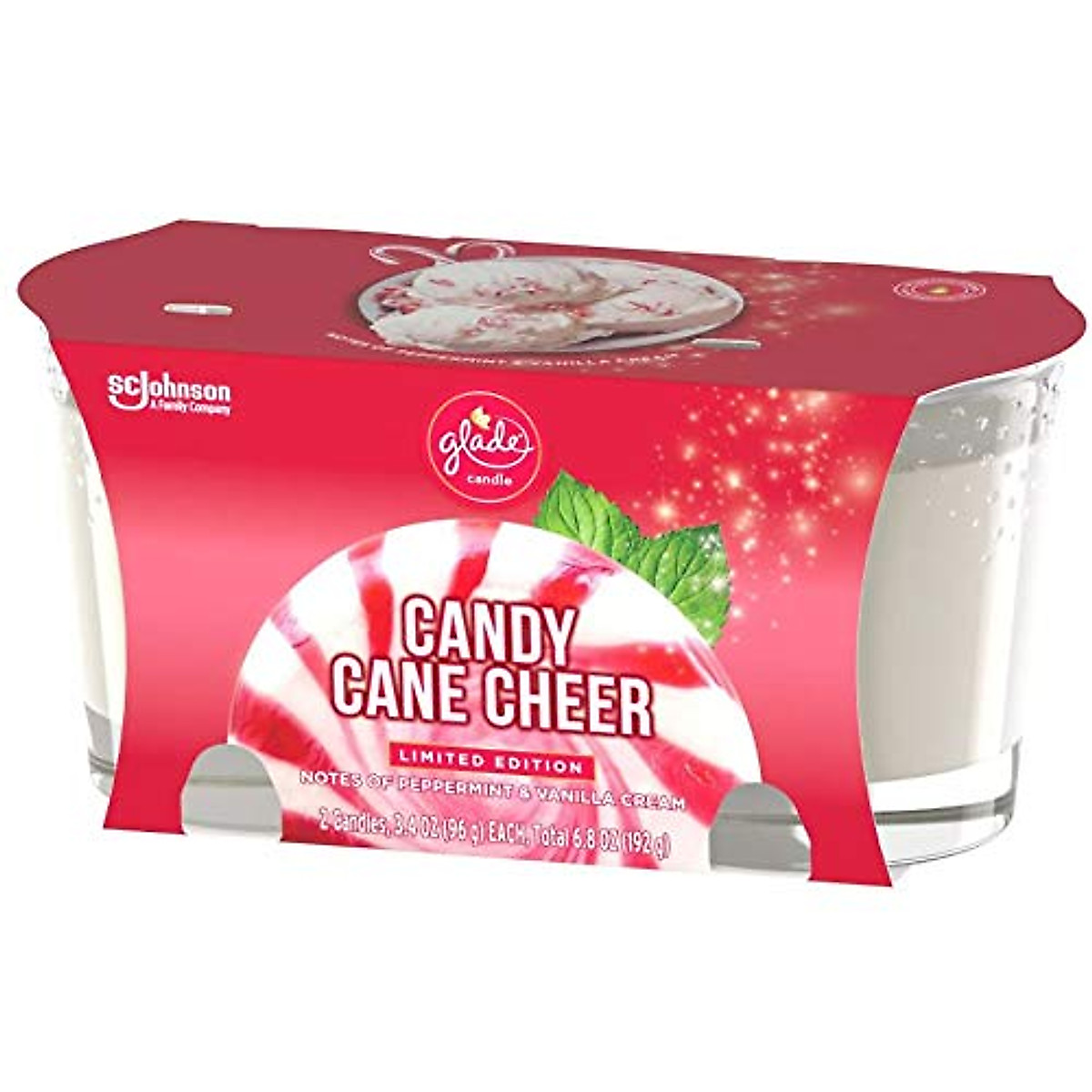 Glade Jar Candles, Fragrance Candles Infused with Essential Oils, Air Freshener Candles, Multiple Scents Available! (Candy Cane Cheer, 3.4oz- 2 Candles)