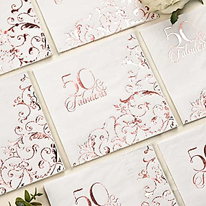 Crisky Rose Gold 50 Fabulous Cocktail Napkins for Women 50th Birthday Party Decorations, 3-Ply Disposable Beverage Dessert Napkins, 50 Counts