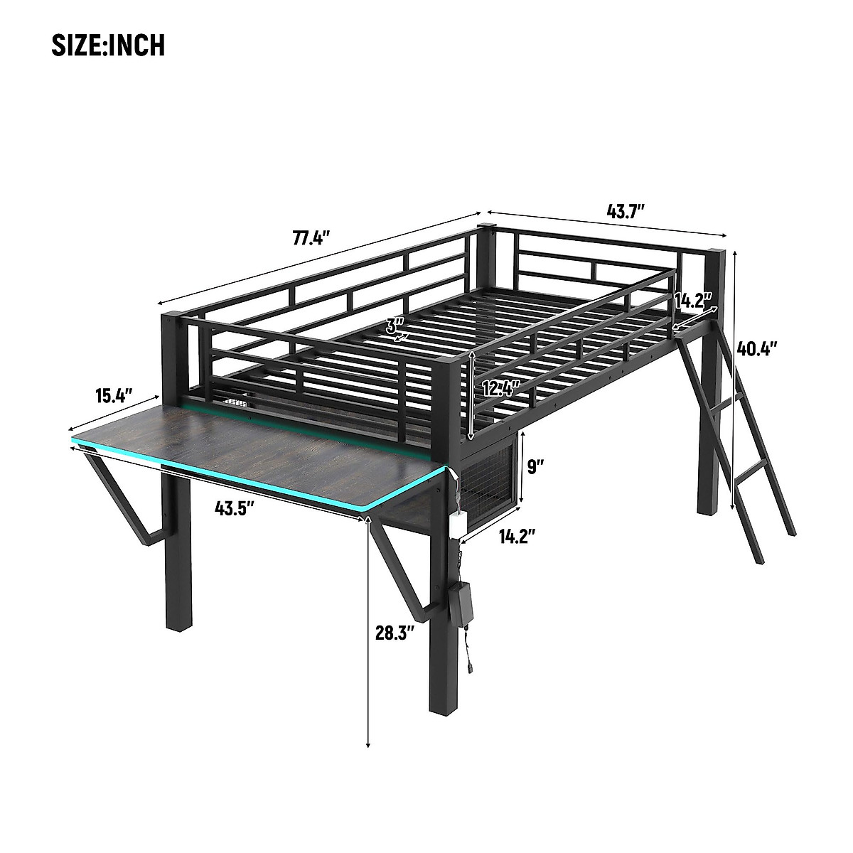 Linique Twin Size Gaming Loft Bed with Desk, LED and Staircase, Metal Loft Bed Frame with Vented Mesh Undercarriage Storage, Black