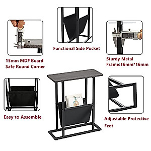 Yusong Small Narrow Side Table for Small Spaces, Slim End Table Magazine Table Nightstand with Storage Holder, Accent Skinny Snack Couch Bedside Table, Grey