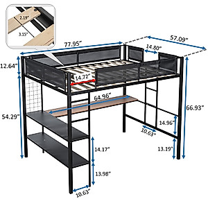 NCKMYB Metal Loft Bed with Desk and Shelves, Full Size Loft Bed with 2 Ladders and 2 Tier Shelves, for Teen Adult or Dorm, Black