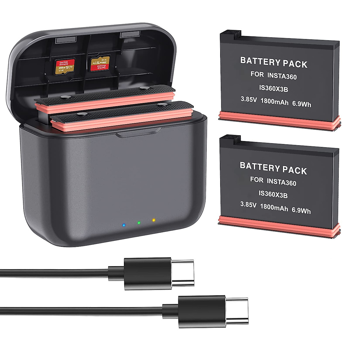 360 X3 Battery(2 Packs) with Fast Battery Charger Hub for Insta360 X3,Quick Battery Charging Storage Station with Misro SD Card,Quick Up 80% Charge in 35 Minutes