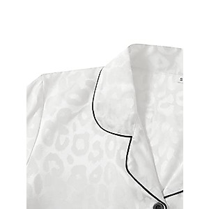 Verdusa Women's 2pc Satin Nightwear Button Front Sleepwear Short Sleeve Pajamas Set Leopard White S
